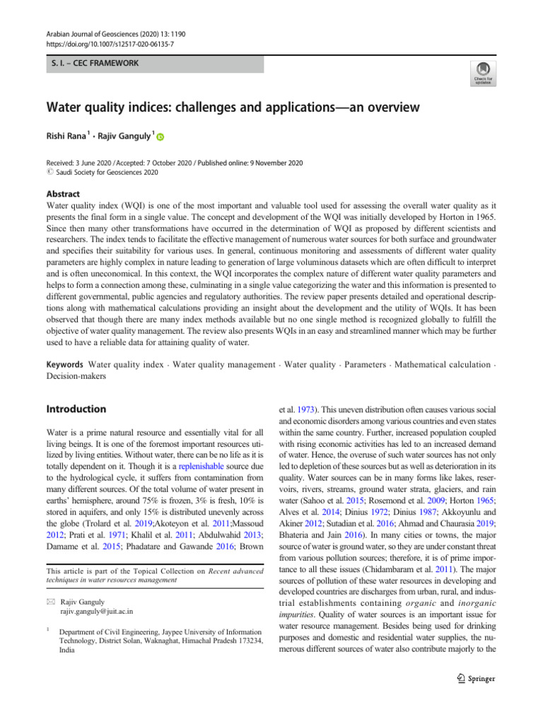 Water Quality Indices Challenges and Applications - An Review - Rana, Ganguly, 2020 | PDF ...