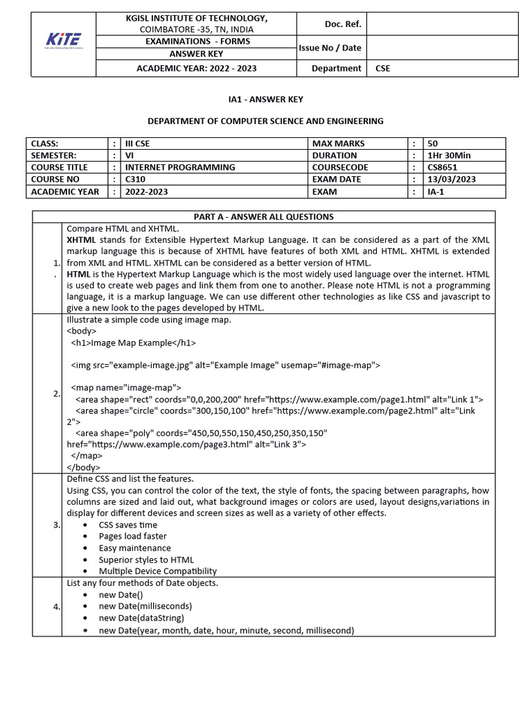 Ip Ia1 Answer Key 2022-23 | PDF | Dynamic Html | Html