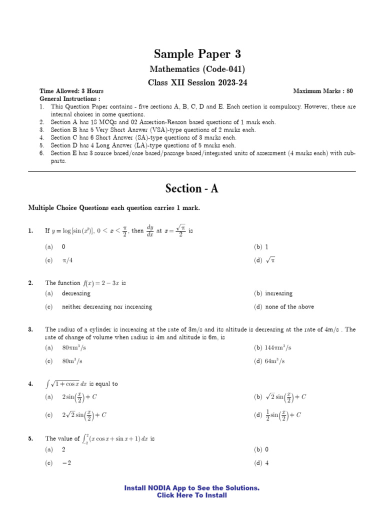 MA Sample Paper 3 Unsolved | PDF | Mathematical Objects