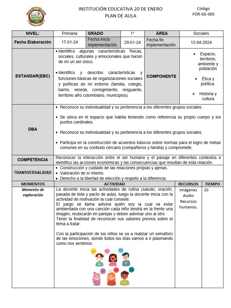 PLAN DE AULA SOCIALES GRADO PRIMERO 2024 | PDF | Salón de clases | Las emociones
