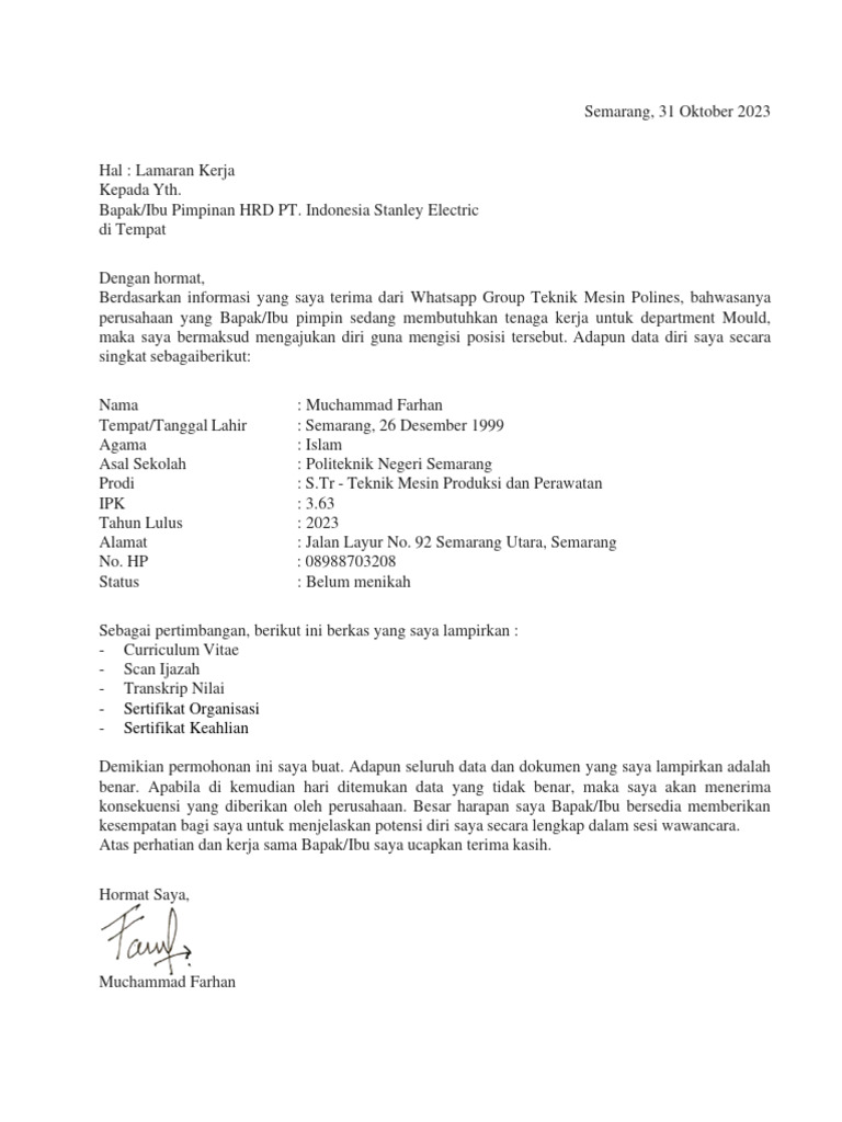 Surat Lamaran - Muchammad Farhan - Stanley Electric | PDF