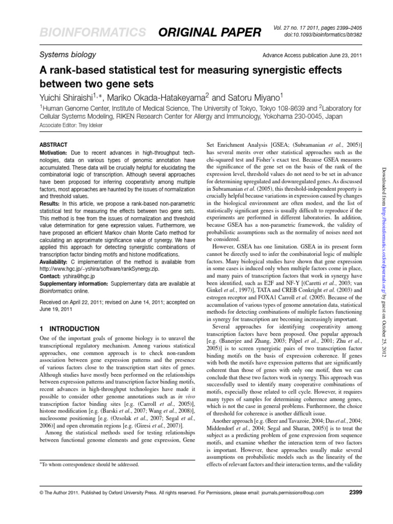 A Rank Based Statistical Test For Measuring Synergistic Effects Between Two Gene Sets Pdf P