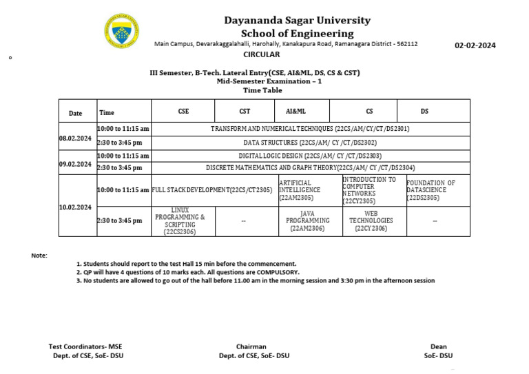 MSE-1-Time Table - 3rd Semlateral Entry - CSE - CS - DS - AIML - CST | PDF | Computer Science ...