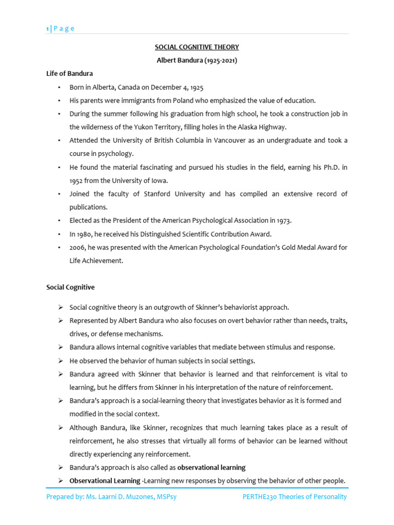 Unit 12. Albert Bandura - Social Learning Theory 1 | PDF | Self Efficacy | Learning