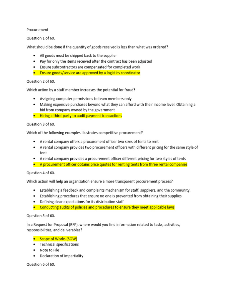 Question 1 To 60 Procurement and Logistics Disaster Ready | PDF ...