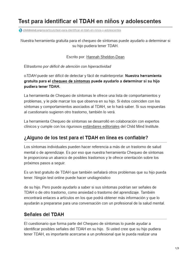 Test para Identificar El TDAH en Niños y Adolescentes | PDF | Desorden ...