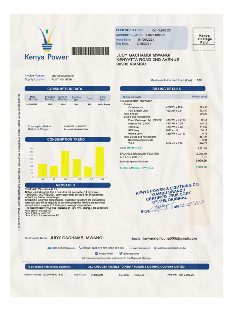 Judy Mwangi Electricity Bill | PDF
