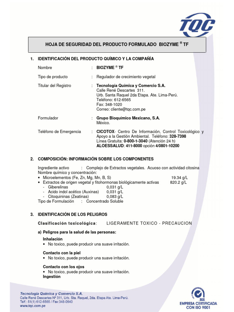 Biozyme TF Hoja de Seguridad | PDF | Agua | Hormona Vegetal