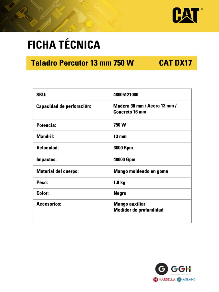 Ficha Técnica Taladro Elec. Percutor 13MM Cat DX17 750W | PDF