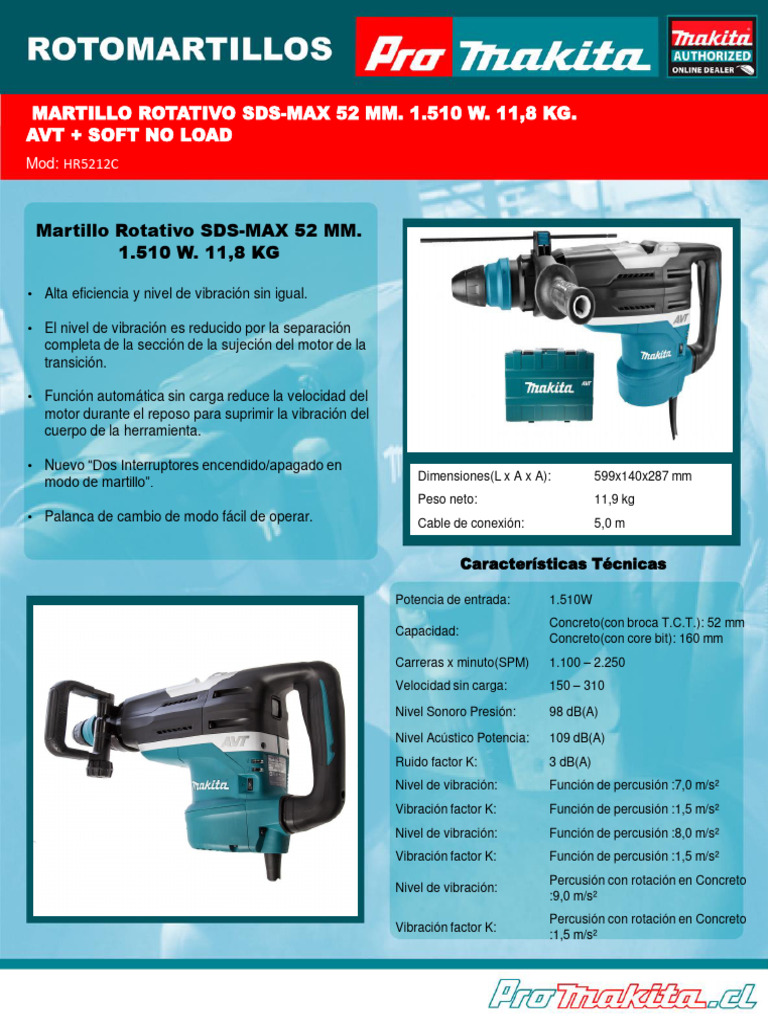 Ficha Técnica Taladro Rotomartillo Makita SDS Max 1510W HR5212C | PDF ...