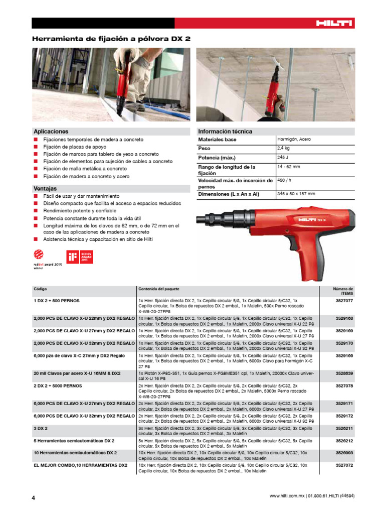 Ficha Técnica Pistola de Clavos Hilti DX 2 | PDF | Hormigón | Materiales de construcción