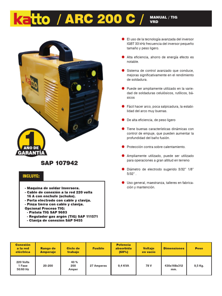Ficha Técnica Soldadora 220v Katto Arc 200c | PDF | Soldadura | Construcción