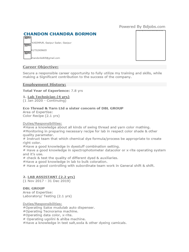Chandon Chandra Bormon CV | PDF | Dyeing | Laboratories