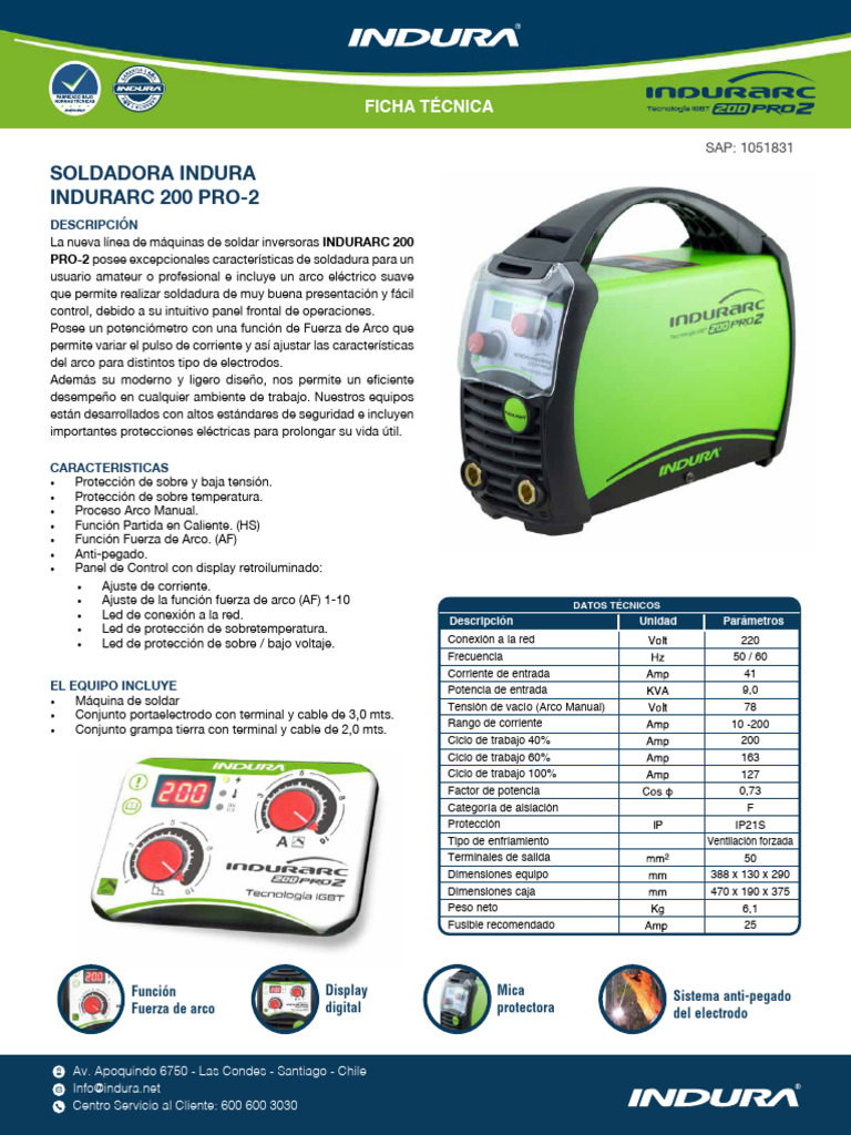 Ficha Técnica Soldadora 220v Indura Arc200 Pro | PDF | Soldadura | Construcción