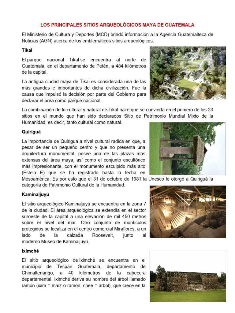 LOS PRINCIPALES SITIOS ARQUEOLÓGICOS DE GUATEMALA | PDF | Civilización maya