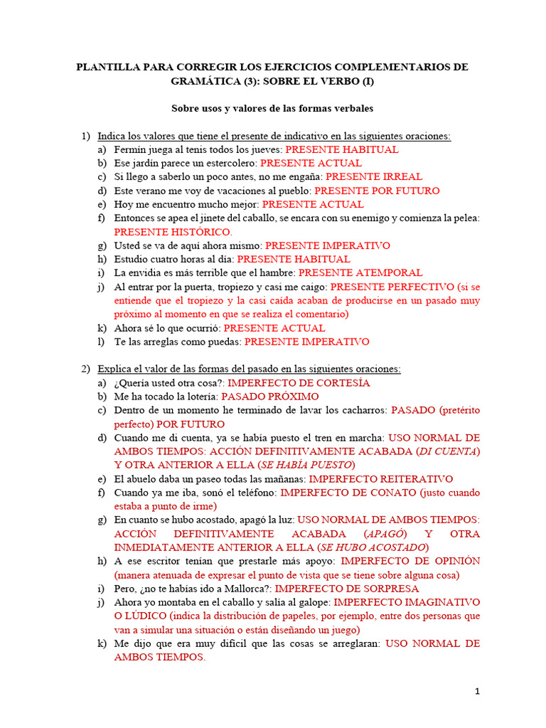 Plantilla para Corregir Los Ejercicios Complementarios de Gramática (3 ...