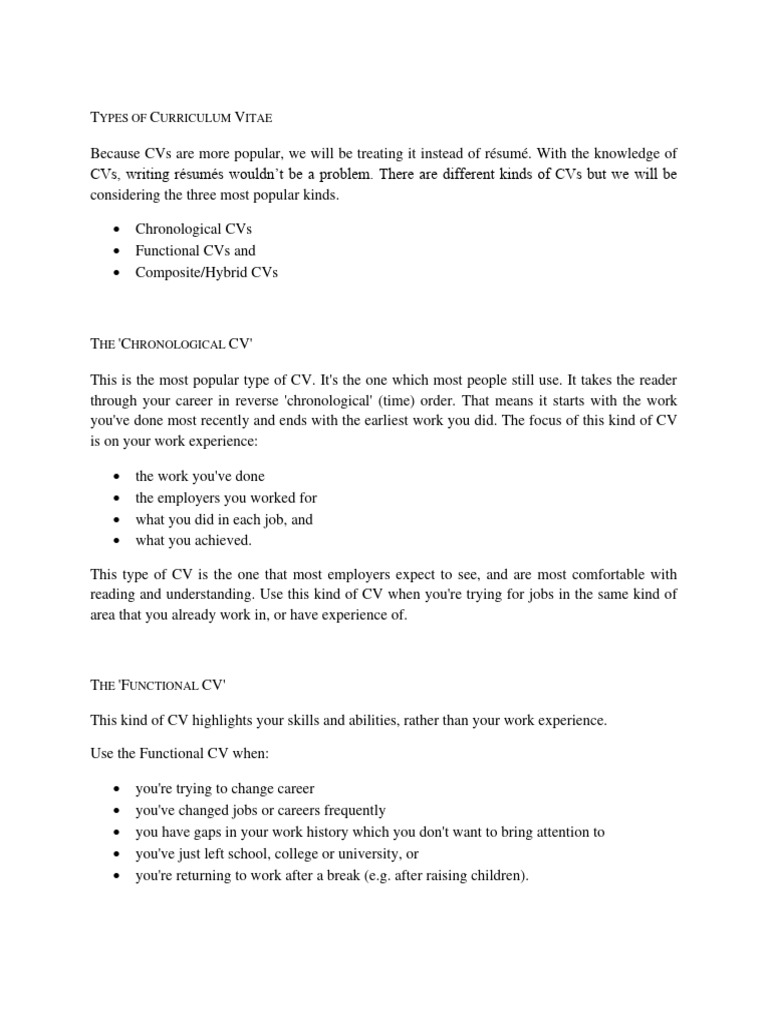 Types of Curriculum Vitae and Sample CVs | Download Free PDF | Résumé