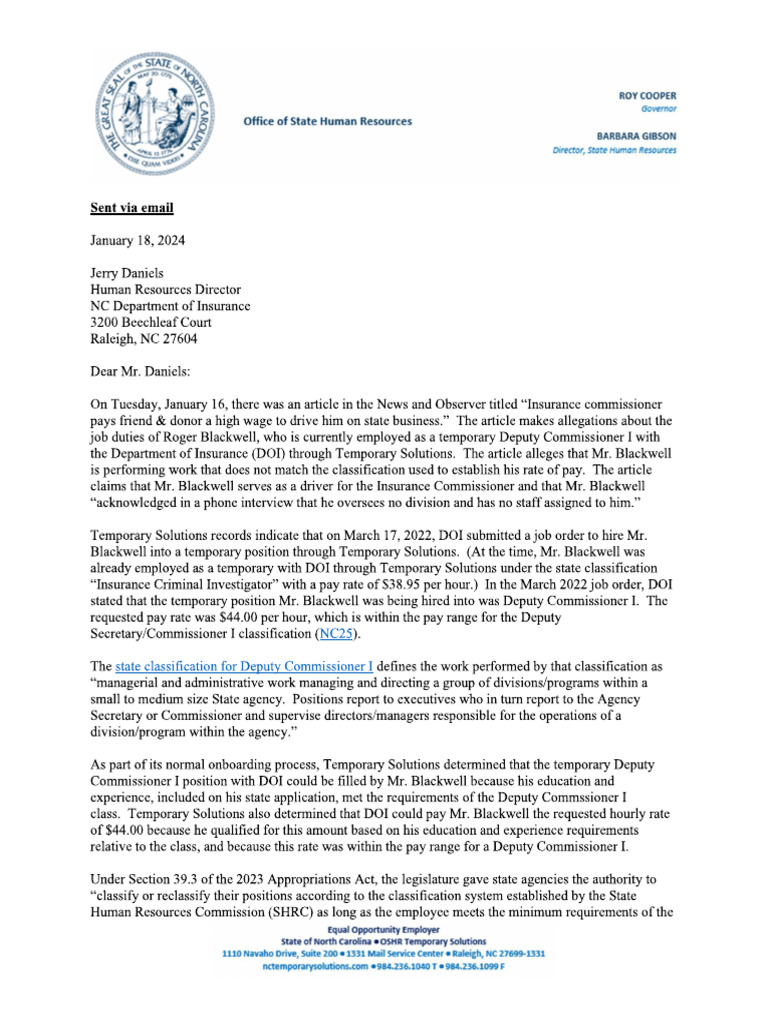 NCDOI-OSHR Letter On Blackwell | PDF