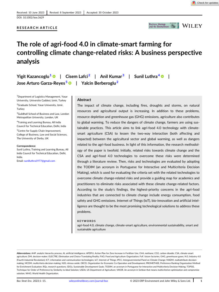 Bus Strat Env - 2023 - Kazancoglu - The Role of Agri Food 4 0 in Climate Smart Farming For ...