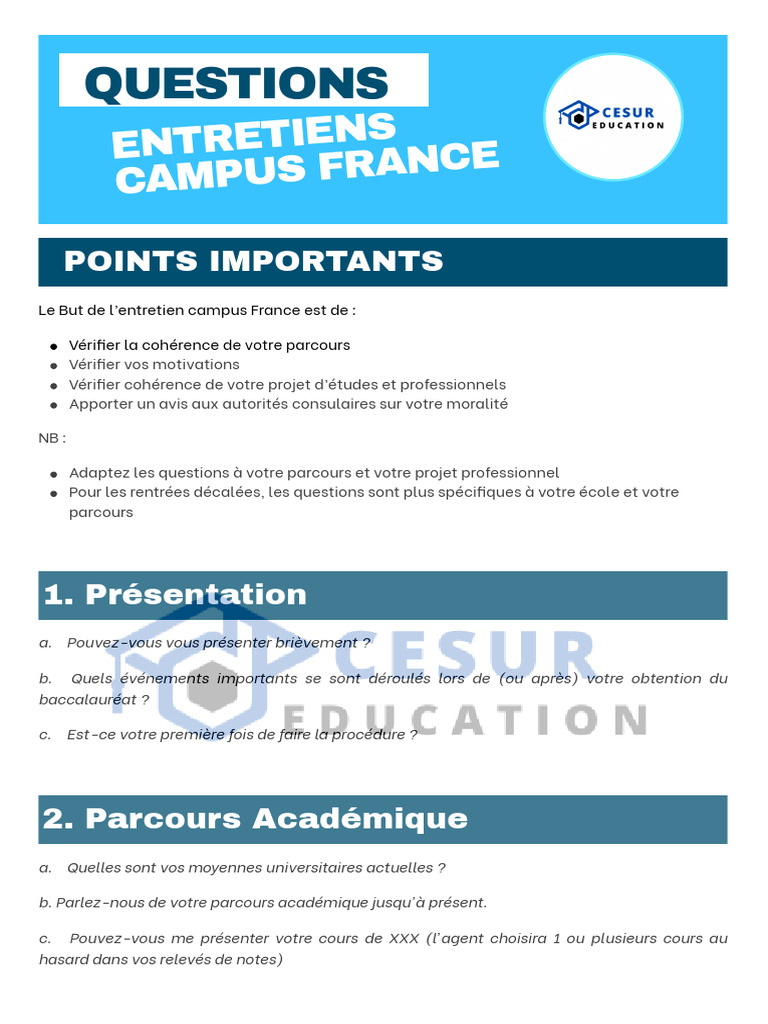 Questions D'entretiens Campus France Par Cesur Education | PDF