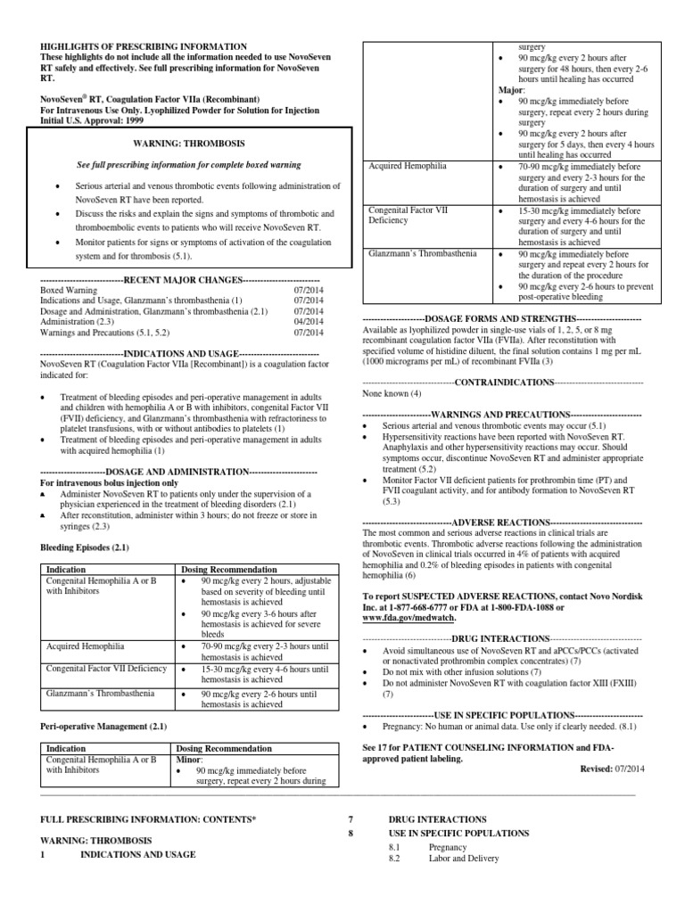 Package Insert - NovoSevenRT | PDF | Coagulation | Hemostasis