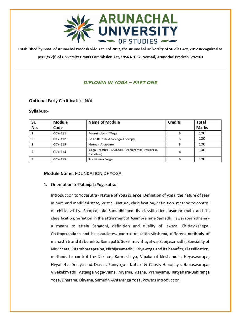 Diploma in Yoga Curriculum Overview | PDF | Hatha Yoga | Human Body