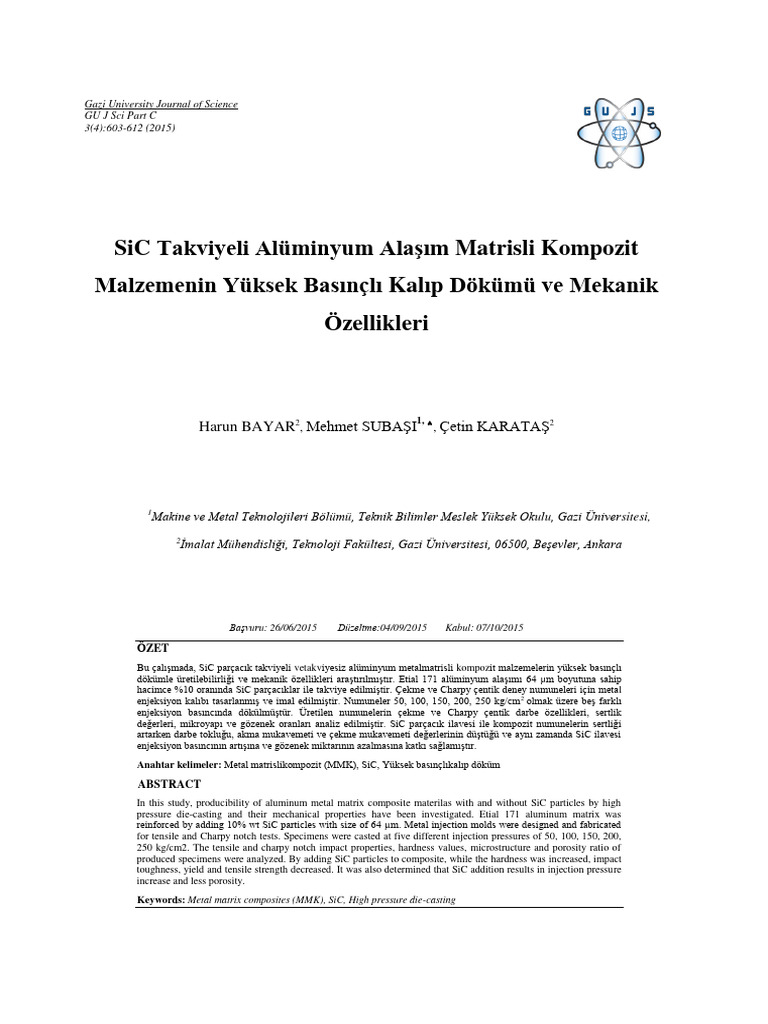 SiC Takviyeli Al - Minyum Ala - M Matrisli Kompozit Malzemenin Y - Ksek Bas - N - L - Kal - P D ...