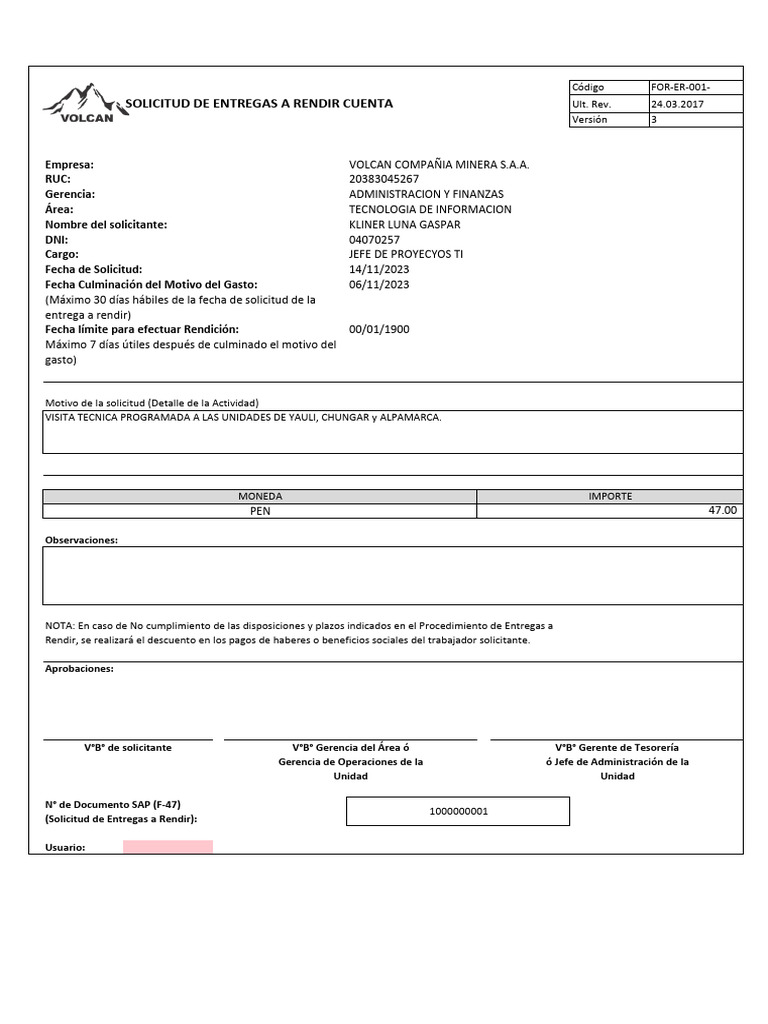 Formato Solicitud Entrega a Rendir | PDF | Economias