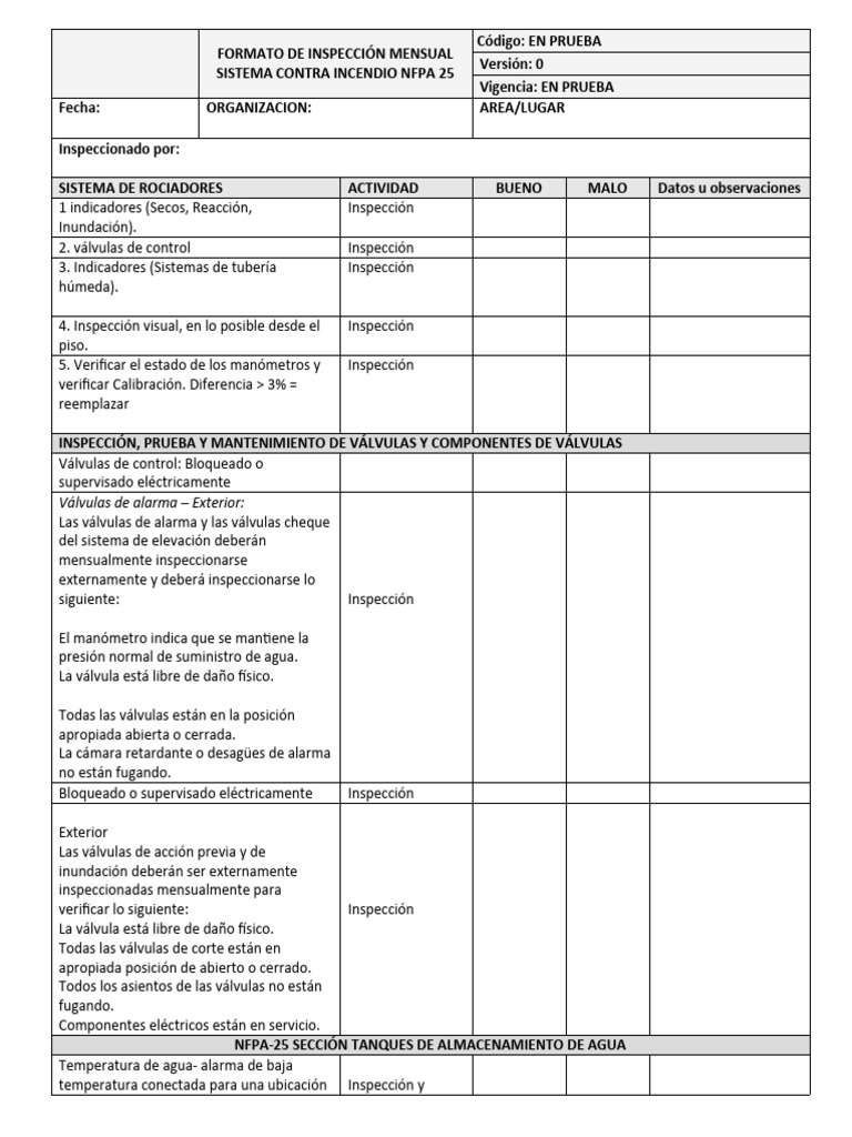 Inspección Mensual NFPA 25 | PDF | Agua | Bienes manufacturados