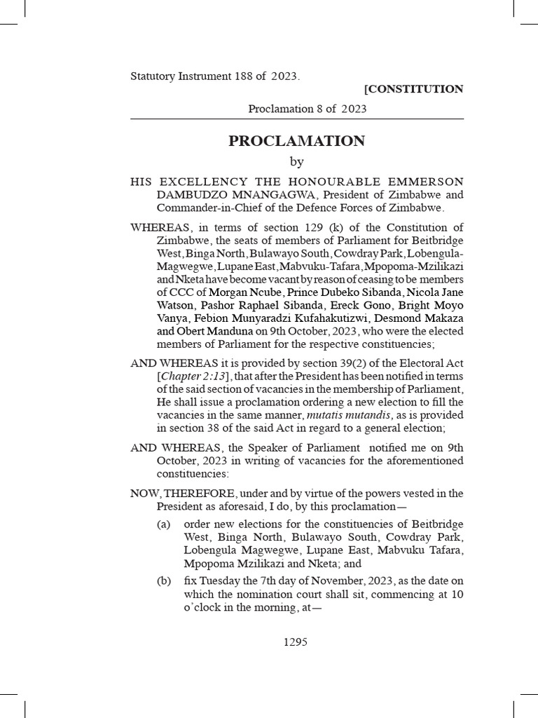 S.I. 188 of 2023 Proclamation 8 of 2023 Nom | PDF | Zimbabwe | Governance