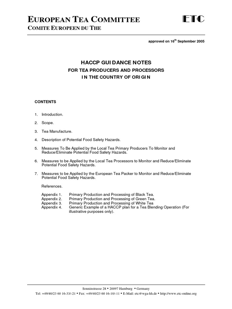 European Tea Committee Haccp Guidance No | PDF | Hazard Analysis And ...