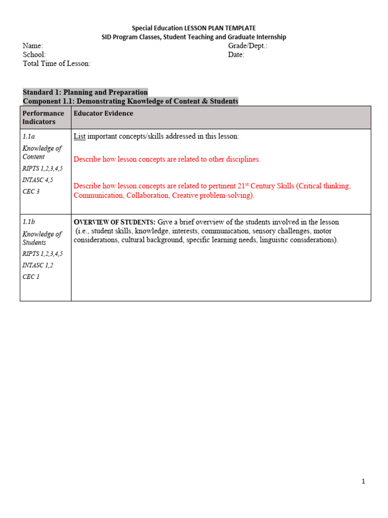 Special Education Lesson Plan Template | PDF | Career & Growth