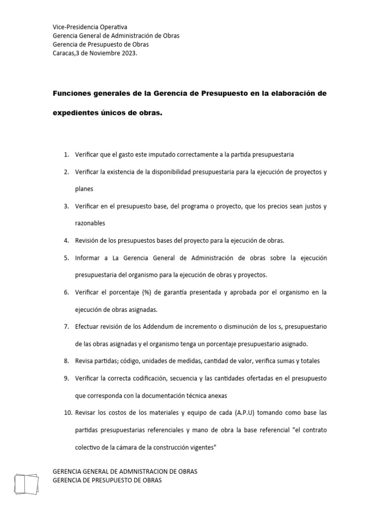 Funciones Generales de La Gerencia de Presupuesto en La Elaboración de ... Funciones Generales de La Gerencia de Presupuesto en La Elaboración de ...