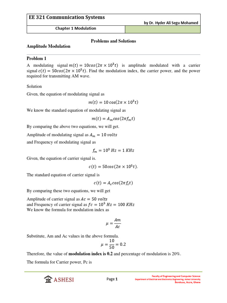 Chapter 1 Modulation Problems And Solutions Pdf Frequency
