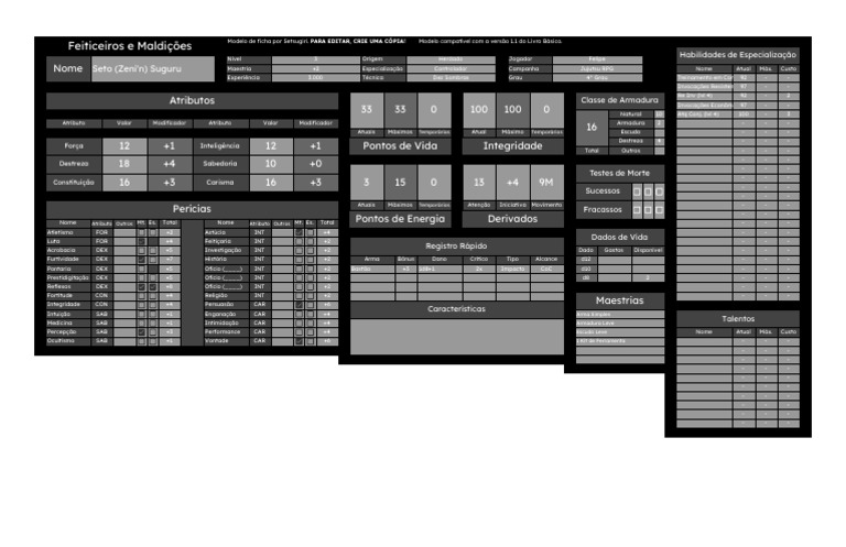 Seto Suguru - Ficha de RPG Feiticeiros e Maldições | PDF