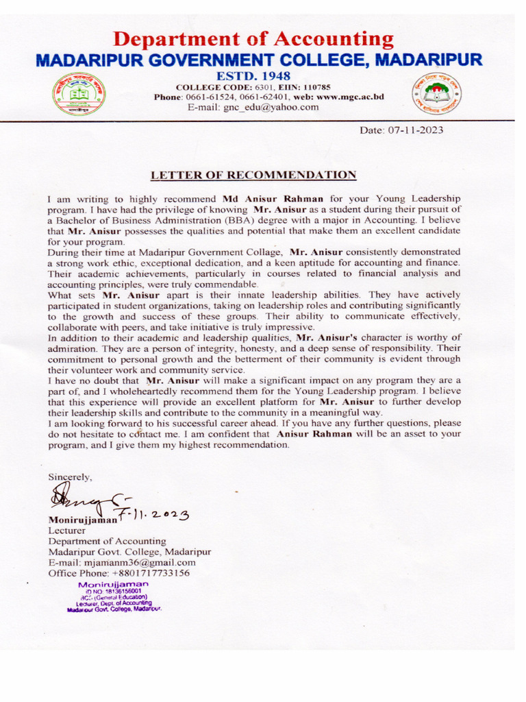 Recommandation Letter Moniruzzmn Sir | PDF