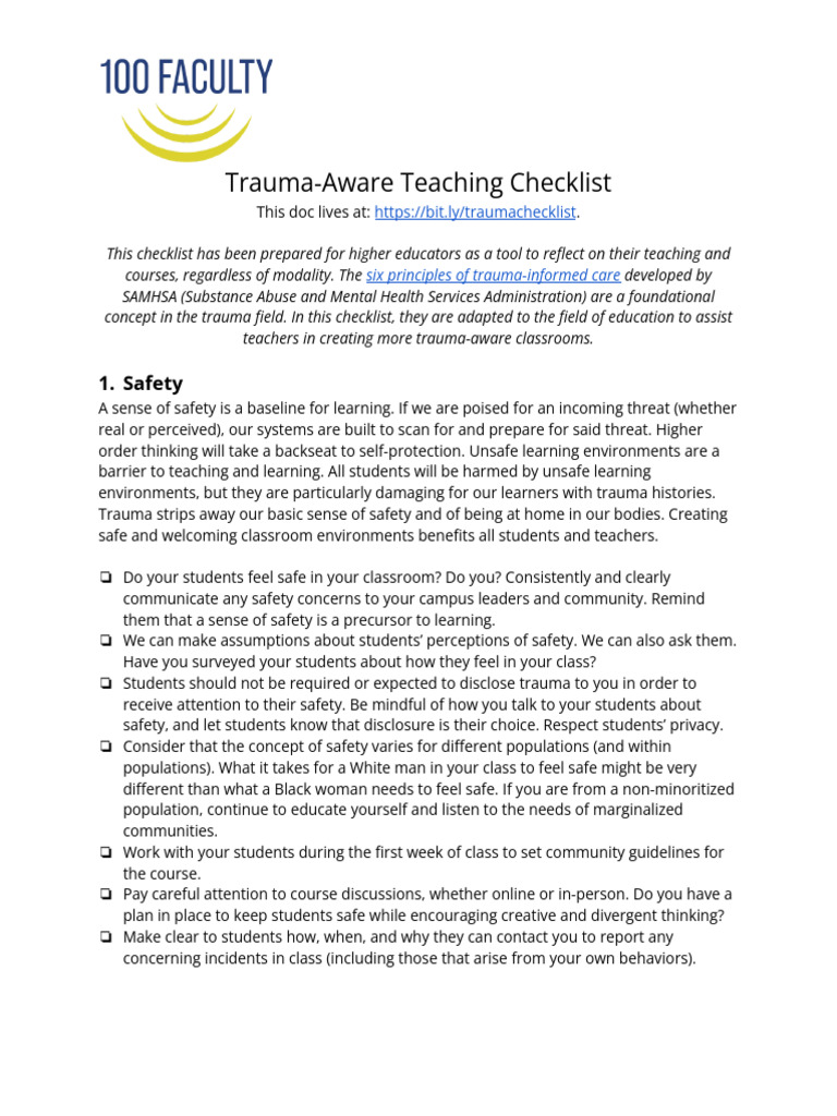 trauma-aware-teaching-checklist | PDF | Learning | Psychological Trauma