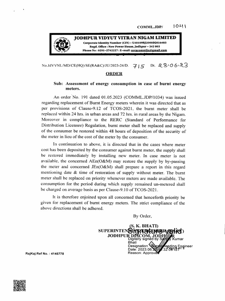 Jodhpur Vidyut Vitran Nigam Limited: Comml - JDP | PDF | Economies