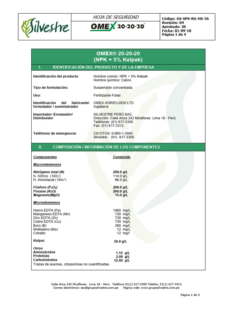 Hoja de Seguridad - OMEX-20-20-20 Silvestre | PDF | Agua | Dióxido de carbono