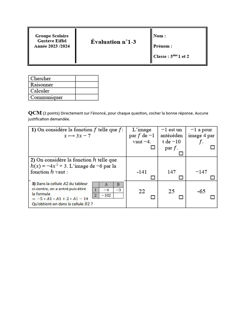 Évaluation de Mathématiques 3ème 2023-2024 | PDF | Mathématiques