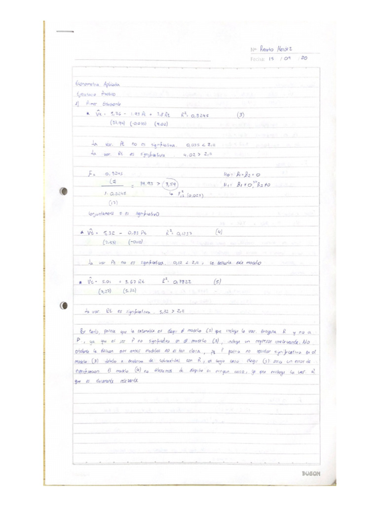 Renato Mendez - Ejercitario Práctico - Econometría Aplicada | PDF