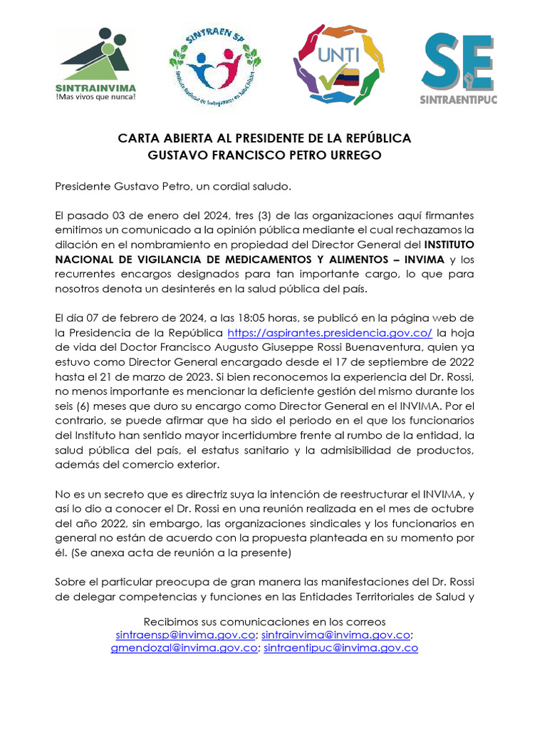 Invima - Carta Abierta A Petro | Descargar gratis PDF | Medicamentos ...