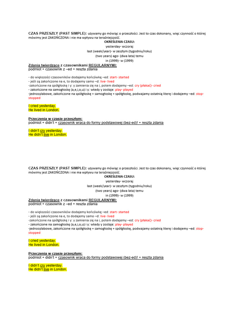 CZAS PRZESZŁY Past Simple Notatka | PDF