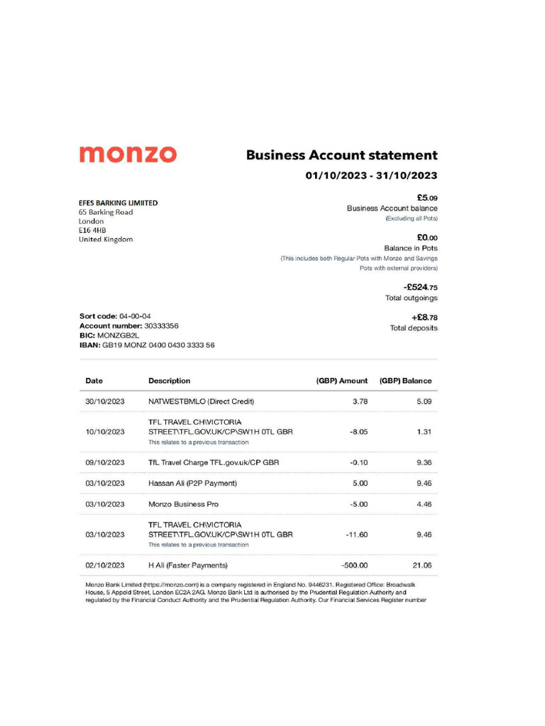 Monzo - Bank - Statement - 2023 10 01 2023 10 31 - 6908 | PDF