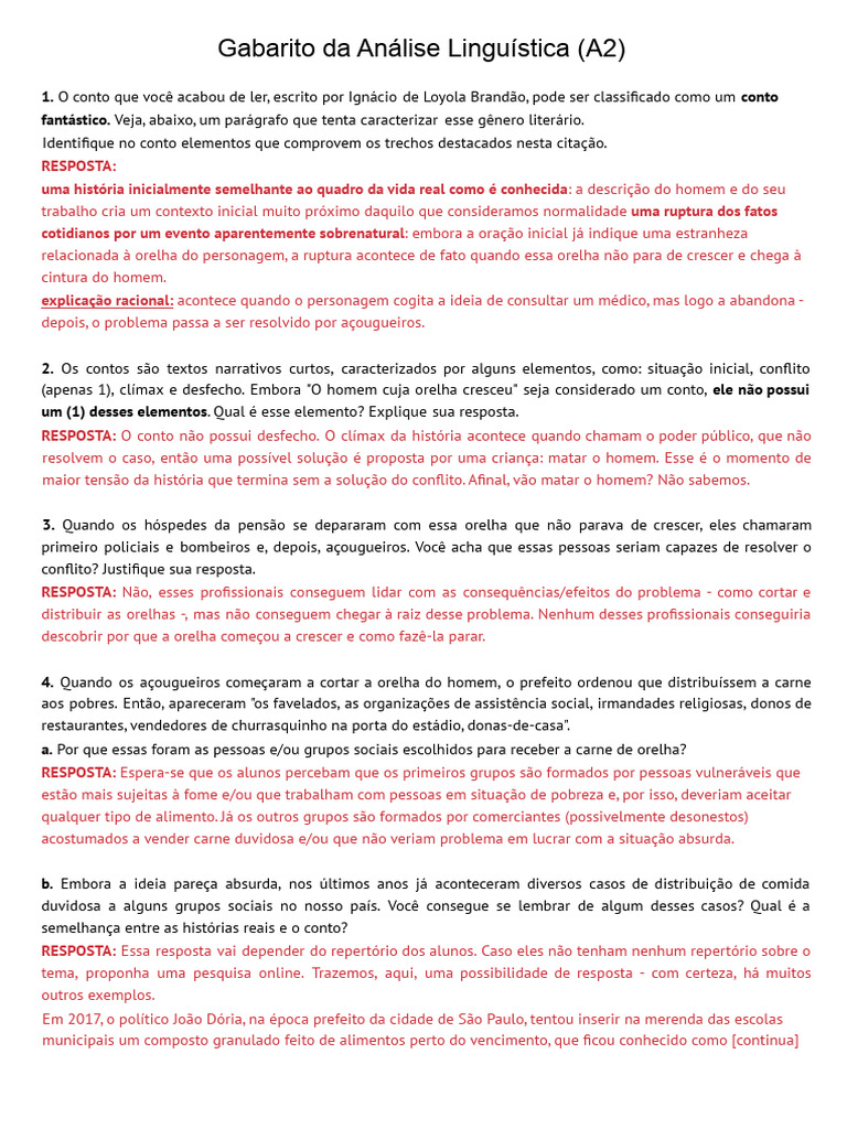 Gabarito Da Atividade Com o Conto O Homem Cuja Orelha Cresceu | PDF ...