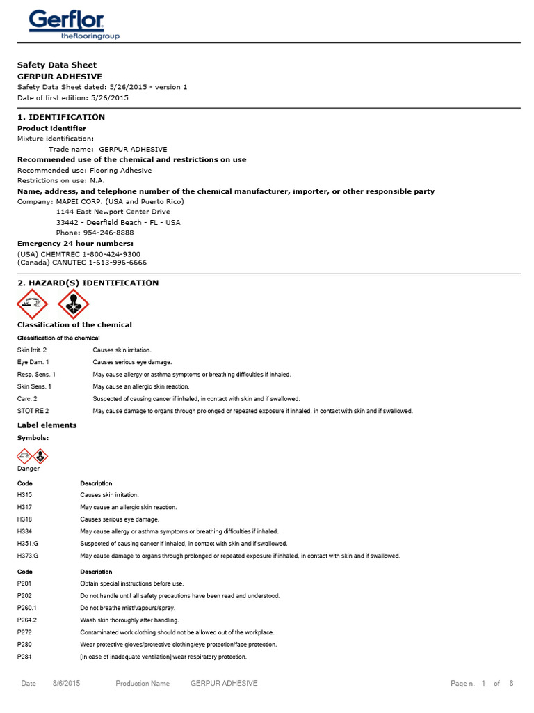 Garpur Adhesive Msds | PDF | Dangerous Goods | Toxicity