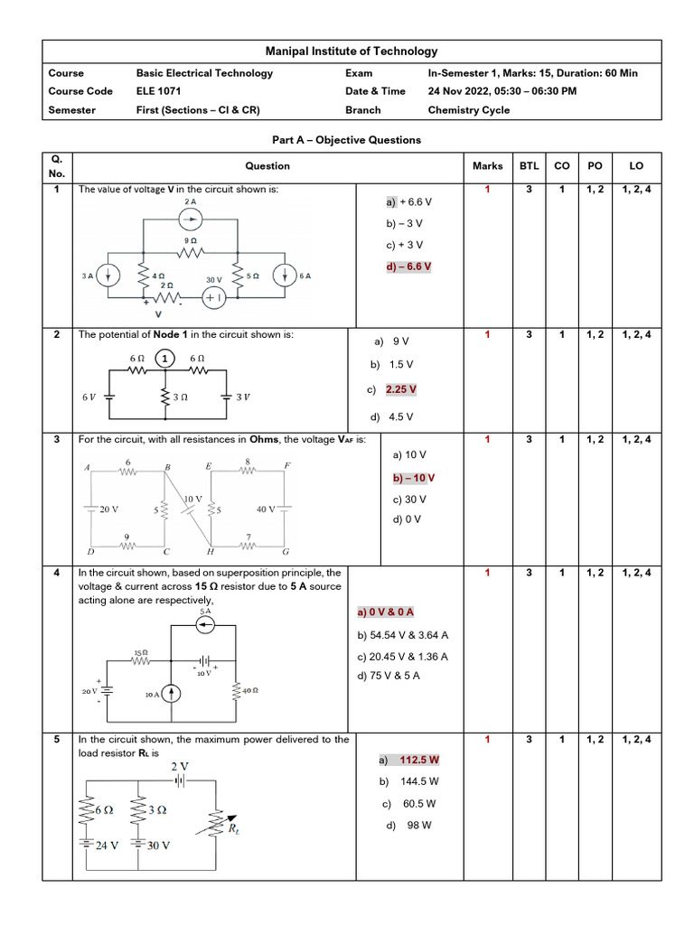 BET Evaluation Scheme Nov-22 Sessional-1 | PDF | Electrical Network | Resistor