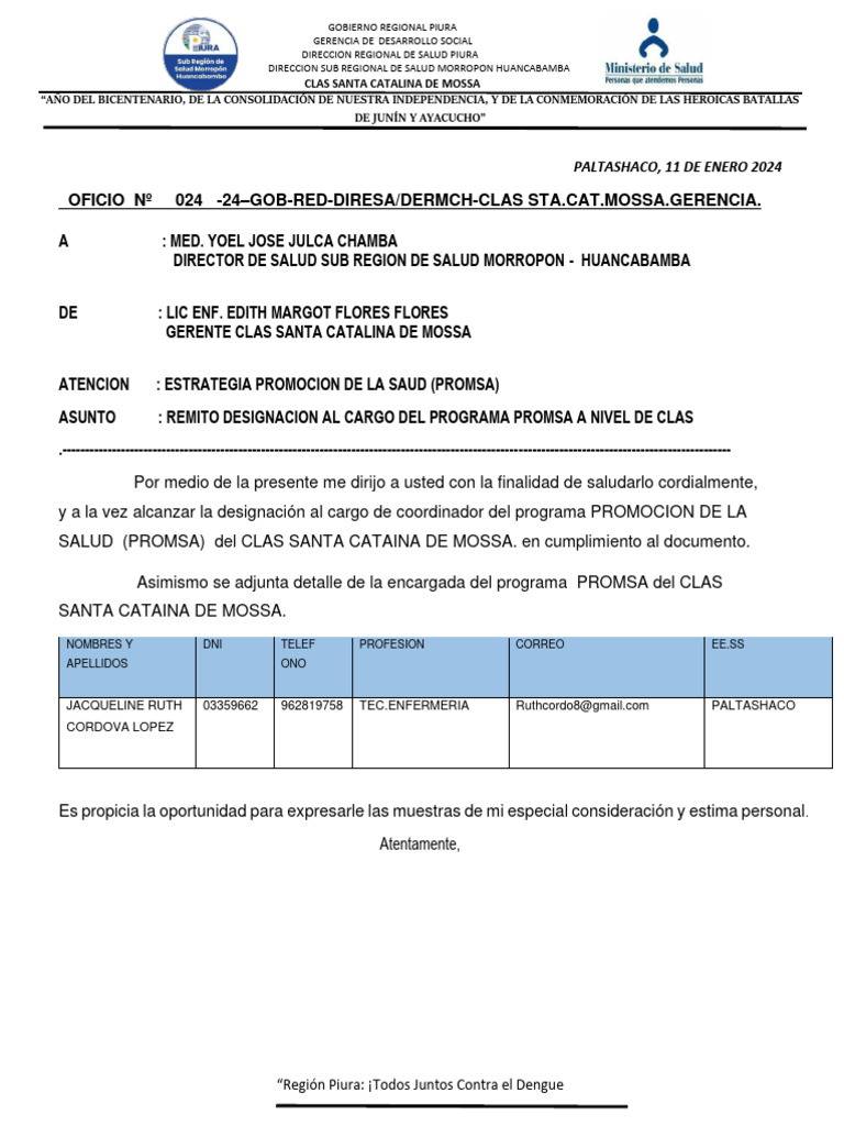 Oficio 024-2024 Clas Sta Cat Mossa-Desig Promsa Imprimirrr | PDF