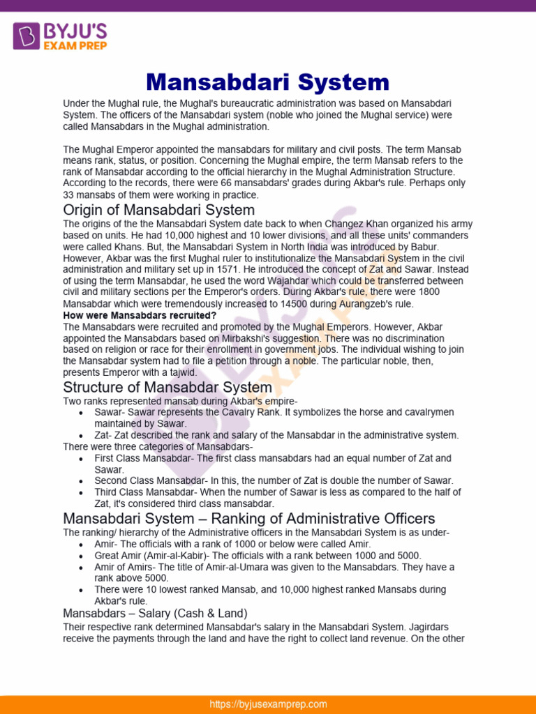 Mansabdari System Upsc Notes 941686933187928 | PDF | Mughal Empire