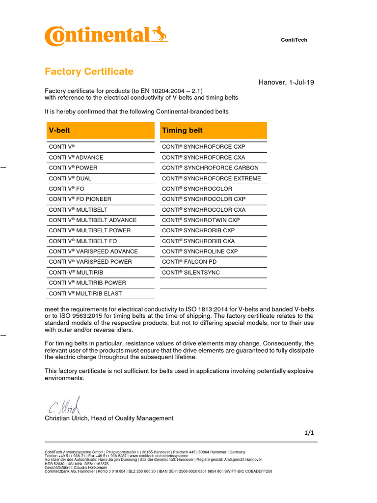 Contitech Factory Antistatic Certificate en | PDF | Physical Sciences ...